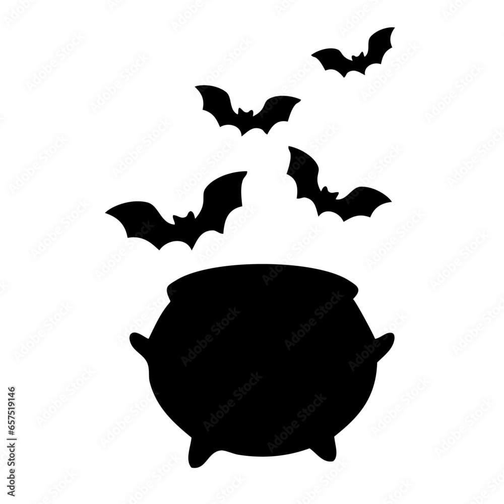 Logo con silueta de caldero de bruja con murciélagos para su uso en ...