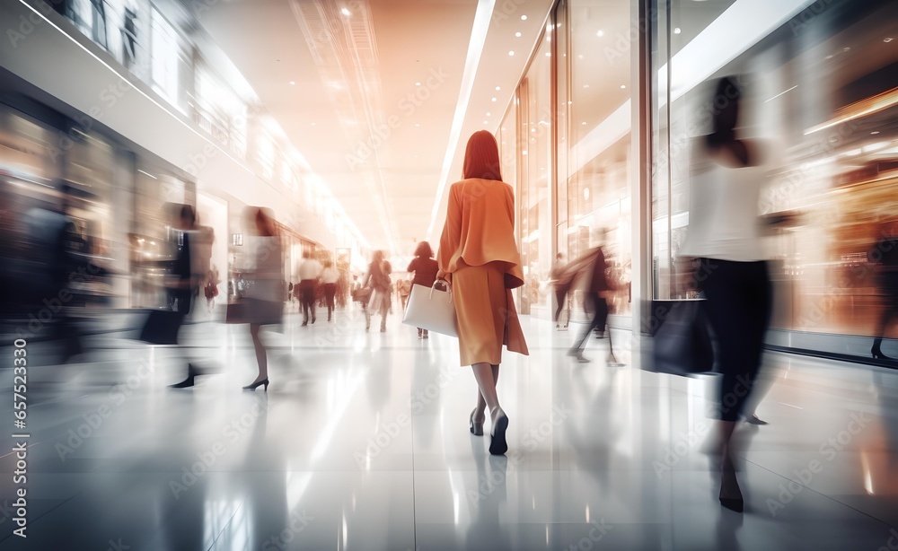 Blurred background of a modern shopping mall with some shoppers. Busy ...