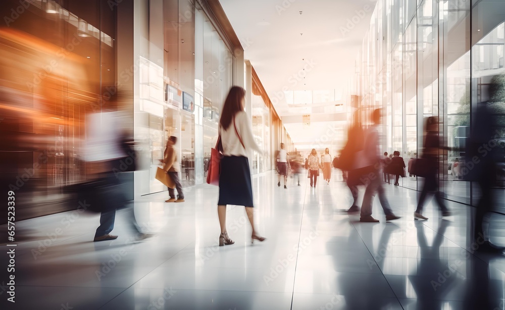 Blurred background of a modern shopping mall with some shoppers. Busy ...