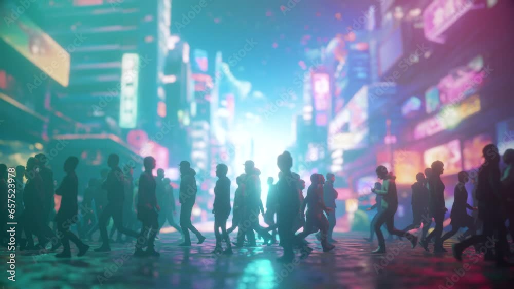 Crowd of people moving in big futuristic night city. Crowds in huge ...
