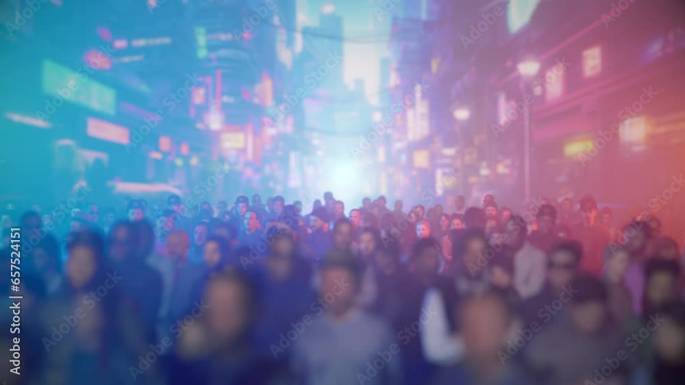 Crowd of people moving in big futuristic night city. Crowds in huge ...