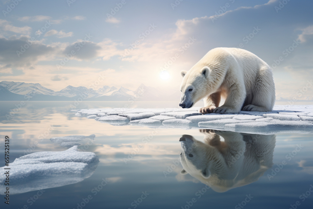 Polar bear on melting ice to show the effects of climate chang Stock ...