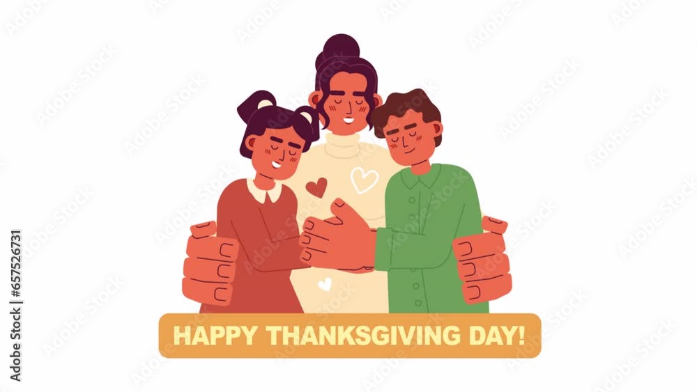 Happy thanksgiving day family hugging cartoon animation. Hispanic mom ...