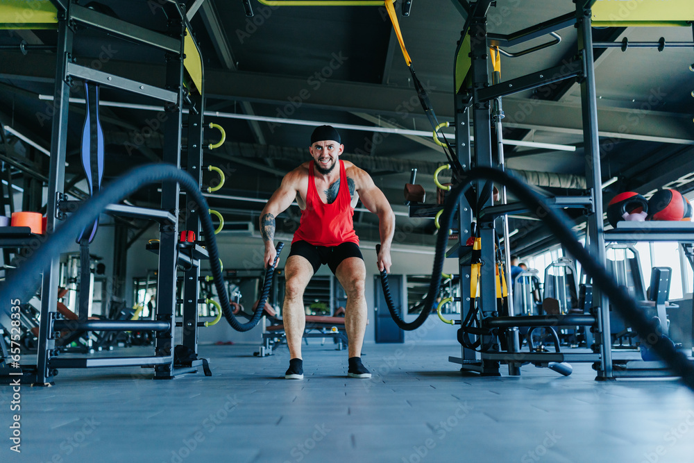gym setting, a determined, sporty, and muscular young man is fully ...