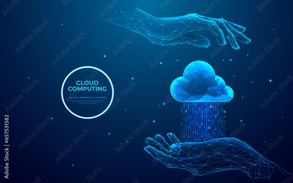 Businessman offering cloud computing service. Binary code and cloud ...