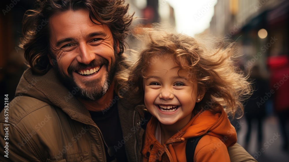 Happy father and child little girl spending time outdoors together ...