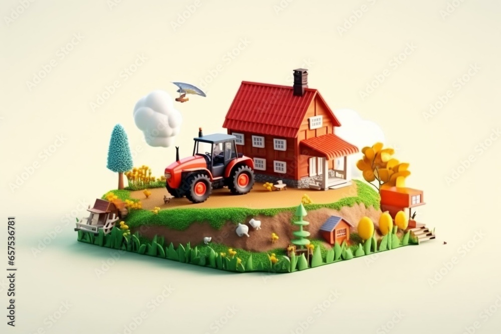 3D farm with tractor and crops isolated. Tractor harvesting on piece of farm land. Farm island ...