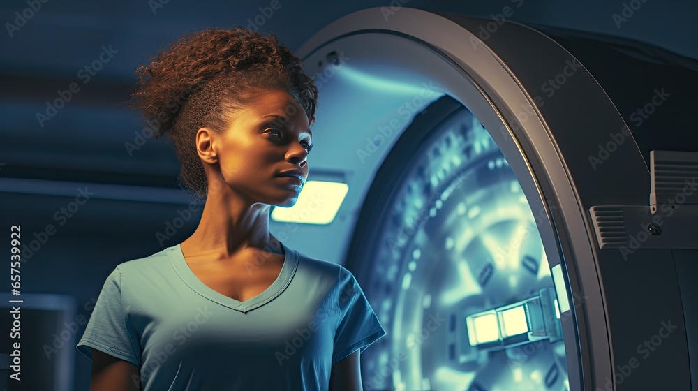 Medical model beside an MRI machine, explaining the procedure, set in a ...