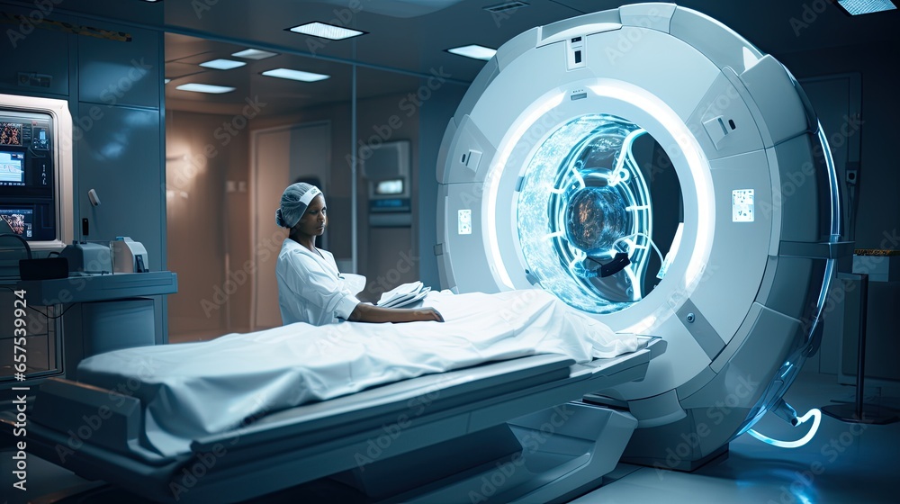 Medical model beside an MRI machine, explaining the procedure, set in a ...