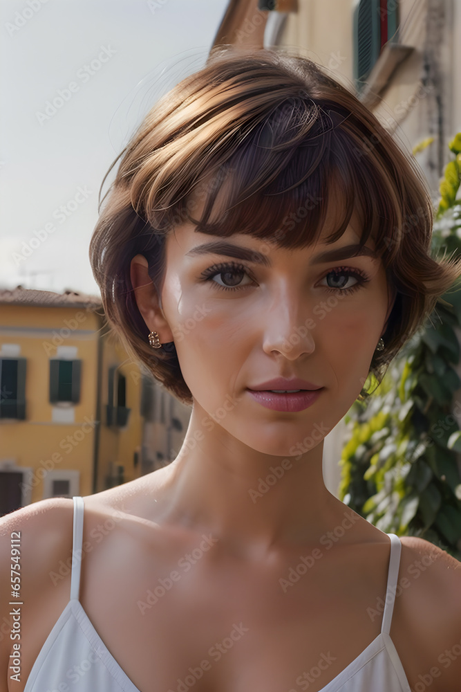 Attractive french woman in a white bikini with brown short hair ...