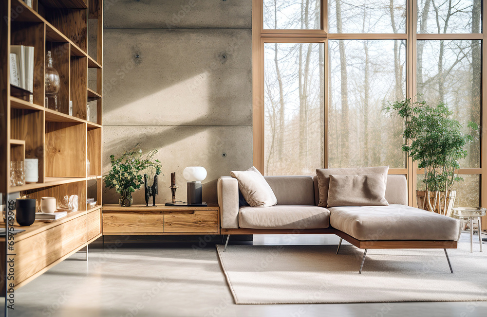 Mid-century loft home interior design of modern living room in house in ...