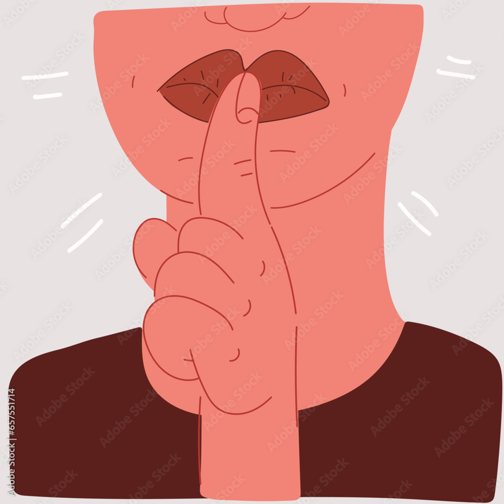 Vector illustration of Shh gesture sign. Female hand, index finger on ...