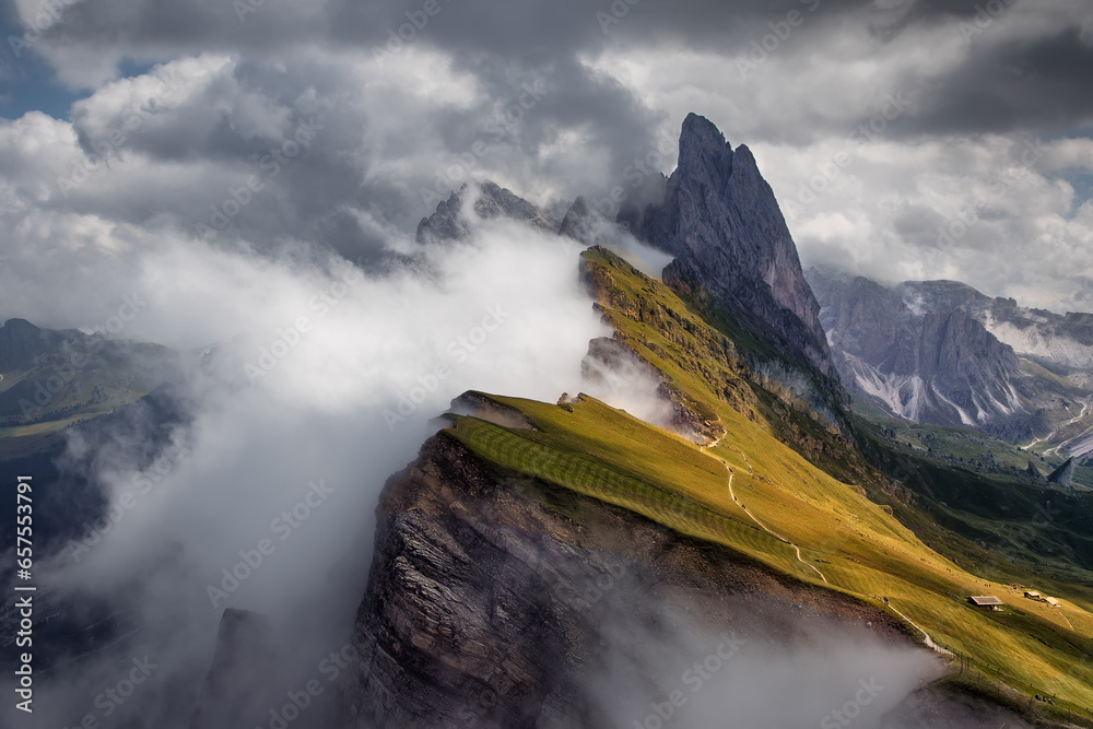Sunrise at Seceda in South Tirol with the mountains of the Geisler ...