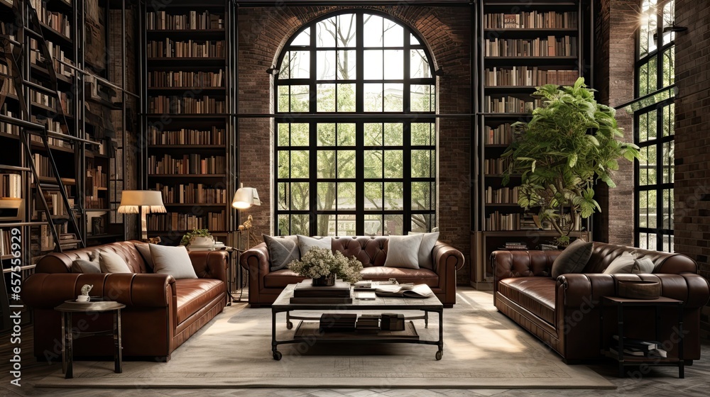 Library with metal bookshelves and leather seating. Highlight tall ...