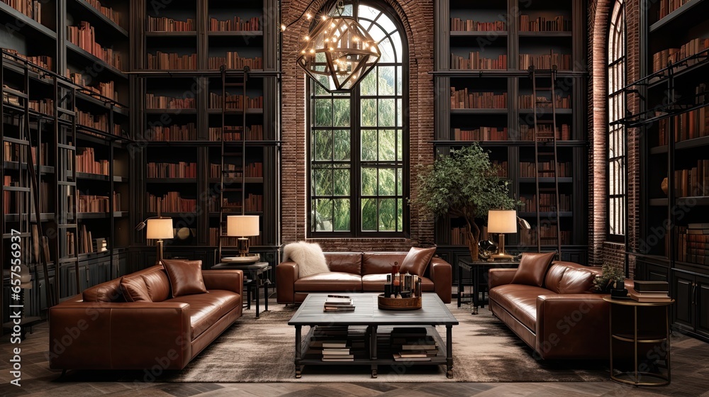 Library with metal bookshelves and leather seating. Highlight tall ...