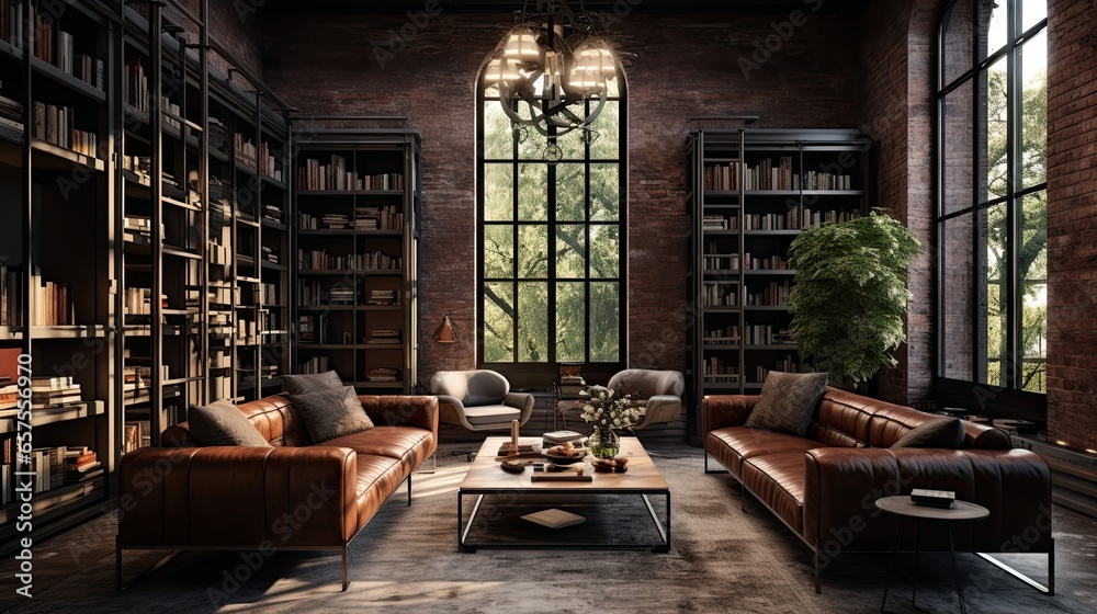 Library with metal bookshelves and leather seating. Highlight tall ...