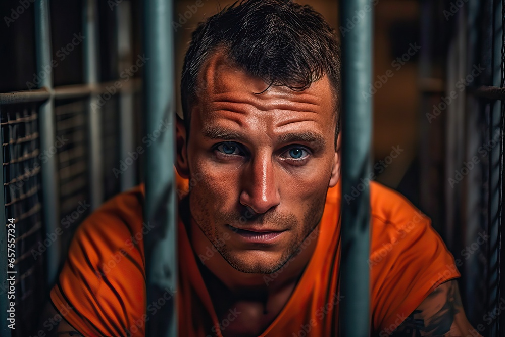 Sad man behind bars in a prison cell Stock Photo | Adobe Stock