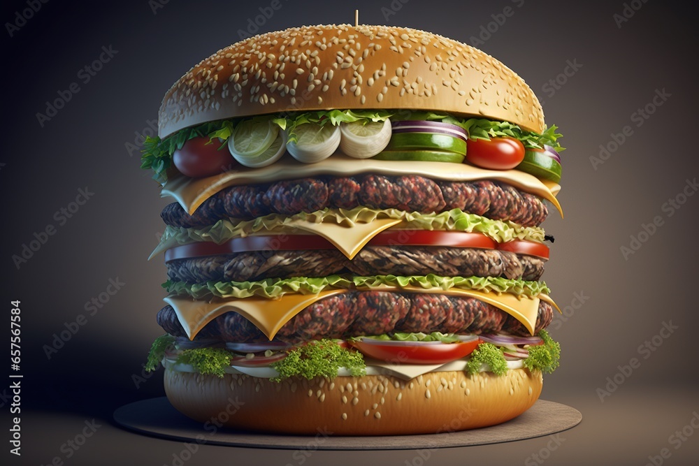 Big burger, triple burger, tall burger, digital art style, illustration ...