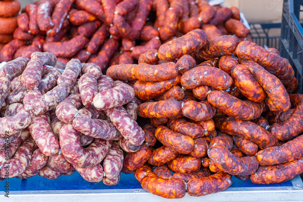 Side view typical Spanish sausages: chorizo, sausage, salami and blood ...