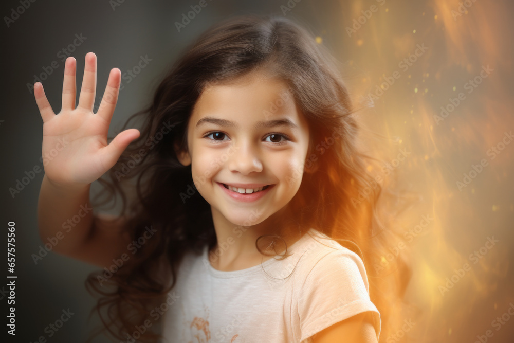 Happy jumping excited girl child waving arms and hands in the air ...