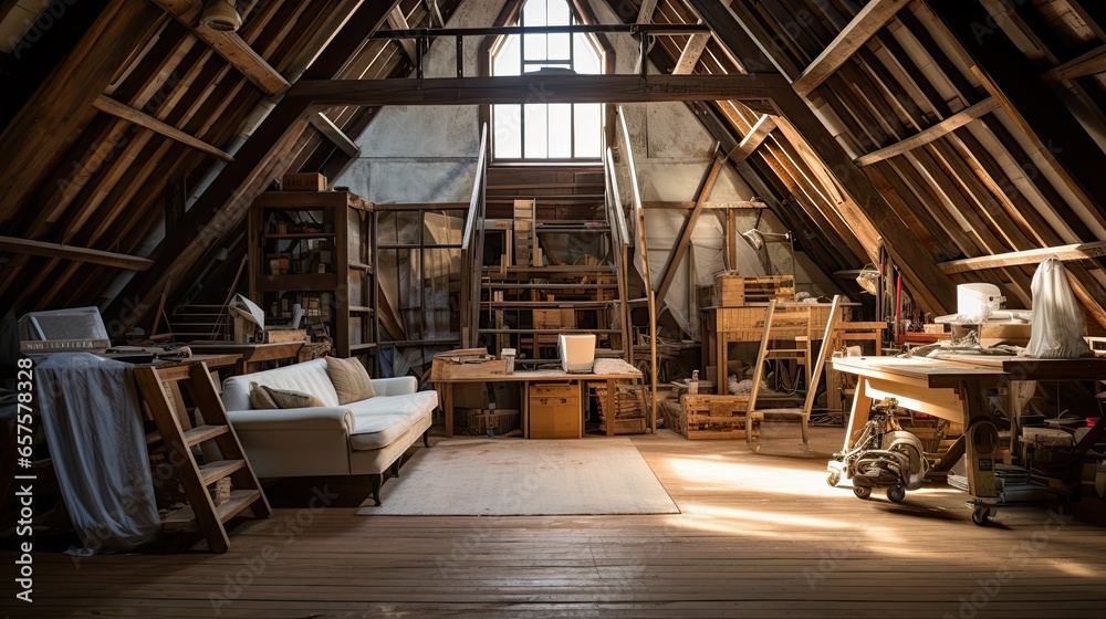 Old barn attic transformed into a studio with vintage furniture and ...