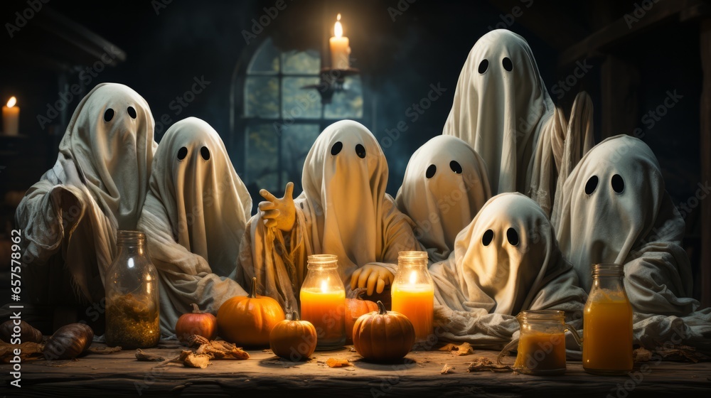 Fotka „On halloween night, a group of people wearing white ghostly ...