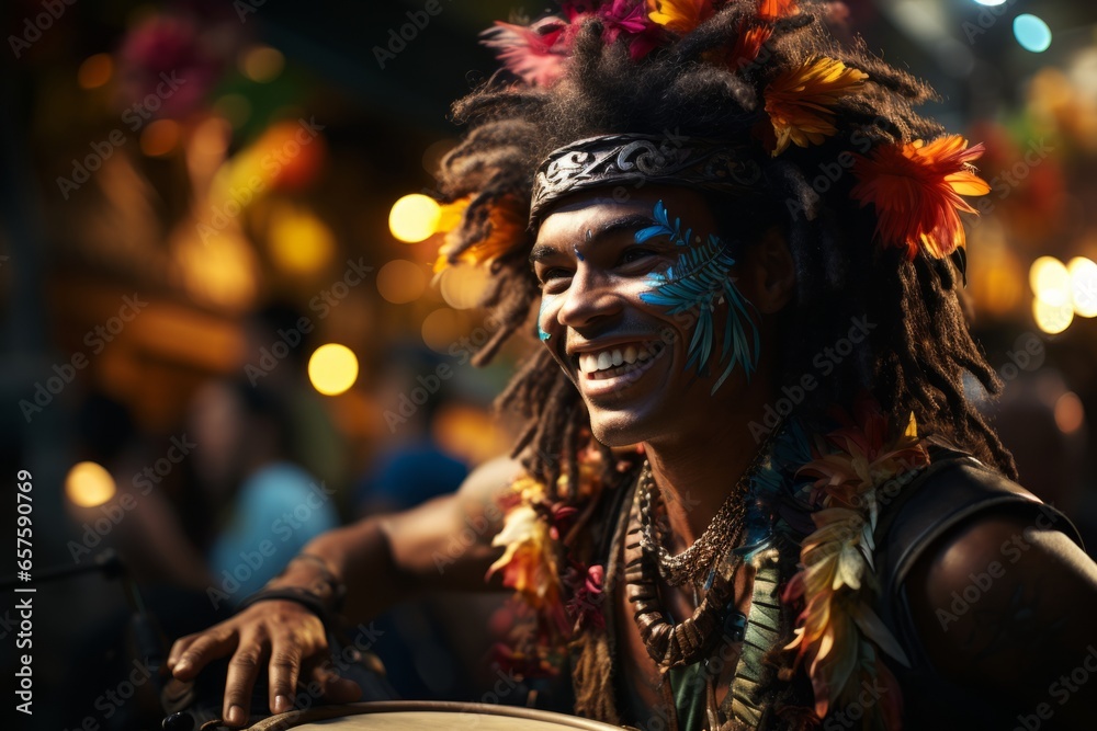 Rio Carnival percussionist playing traditional Brazilian instruments ...