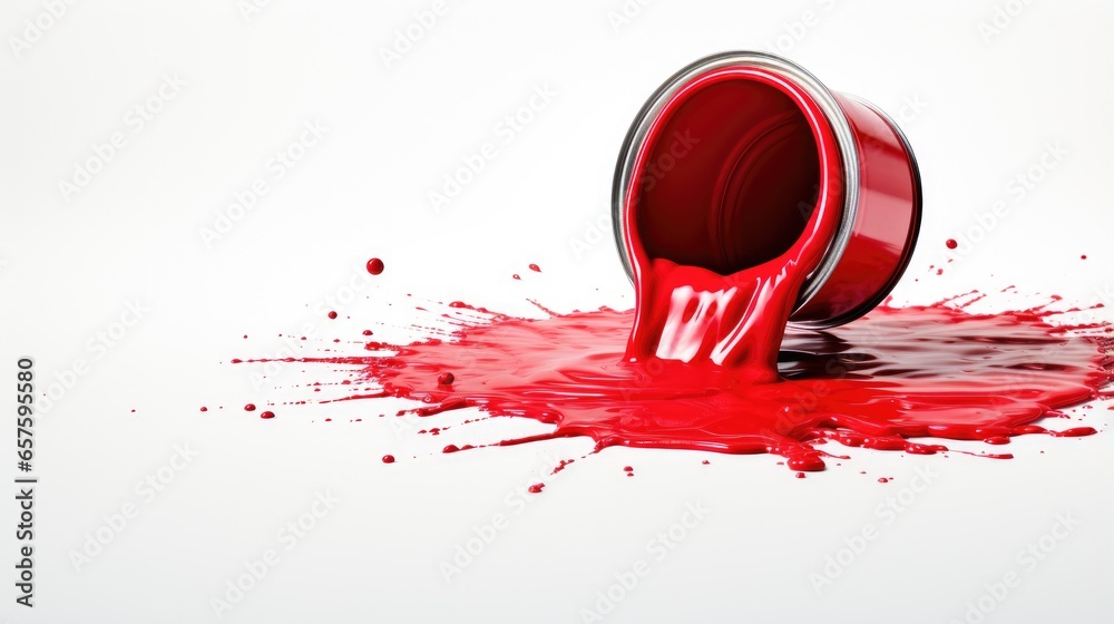 Wall paint bucket with red paint flowing out from bucket on isolated ...