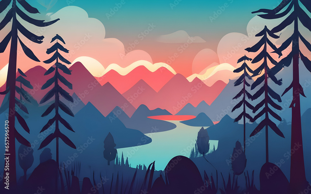 2d nature landscape mountains tree sun lake water gradient pastel ...