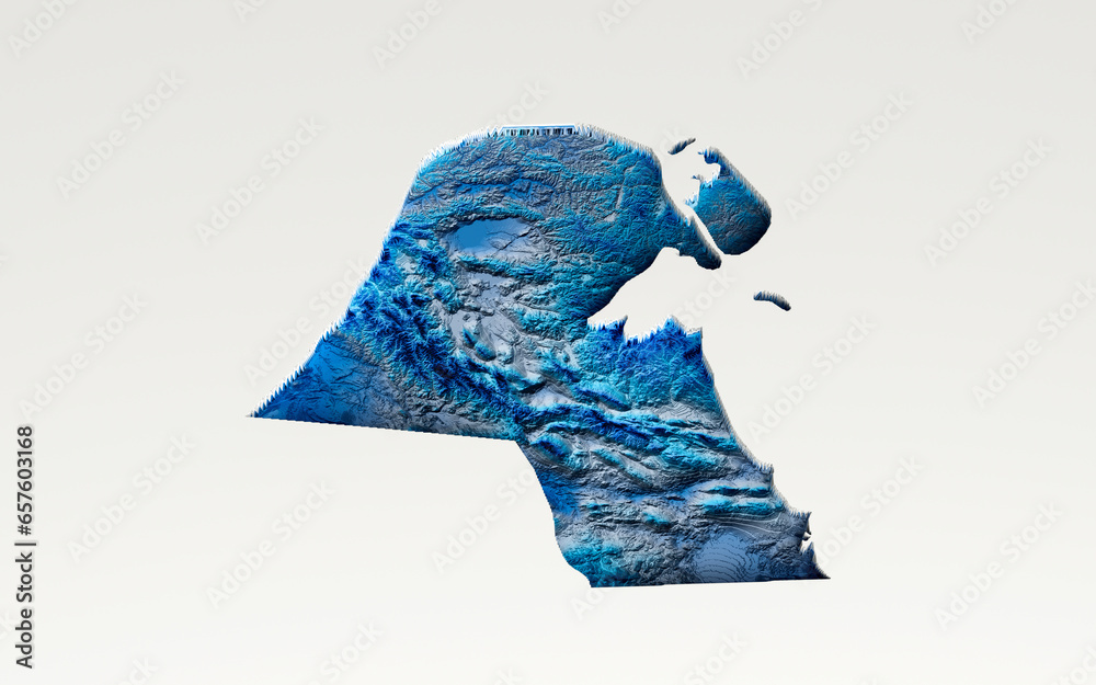 3d Deep Blue Water Kuwait Map Shaded Relief Texture Map On White ...