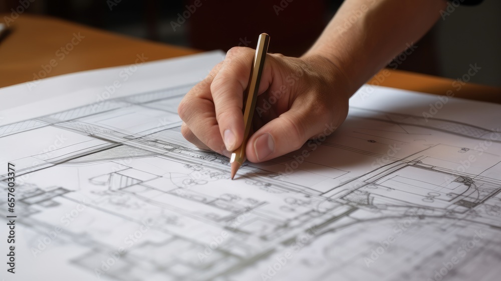 Visualize a person examining blueprints and architectural drawings to ...