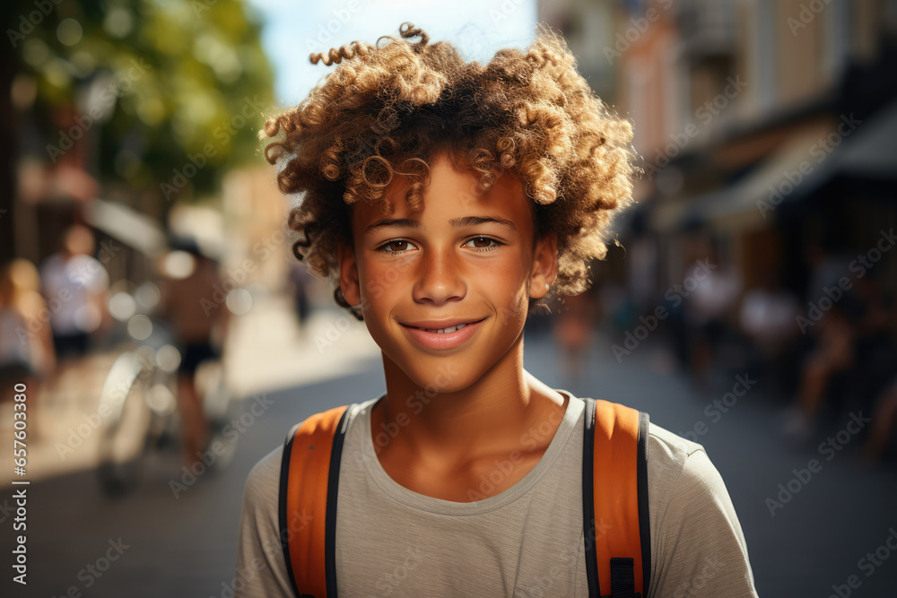 Teenage boy smiling in the middle of the street with curly hair and a ...