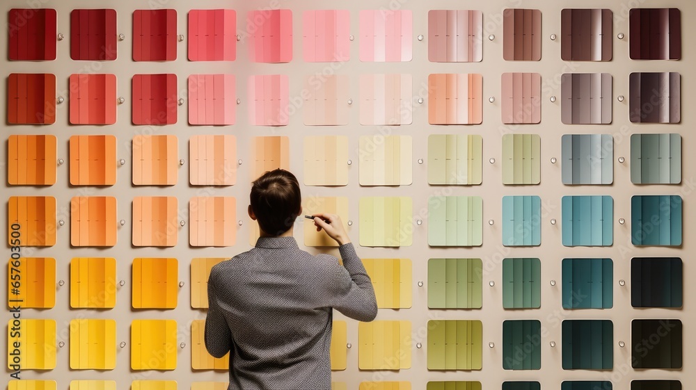 Visualize a person testing paint swatches on a wall to select the ...