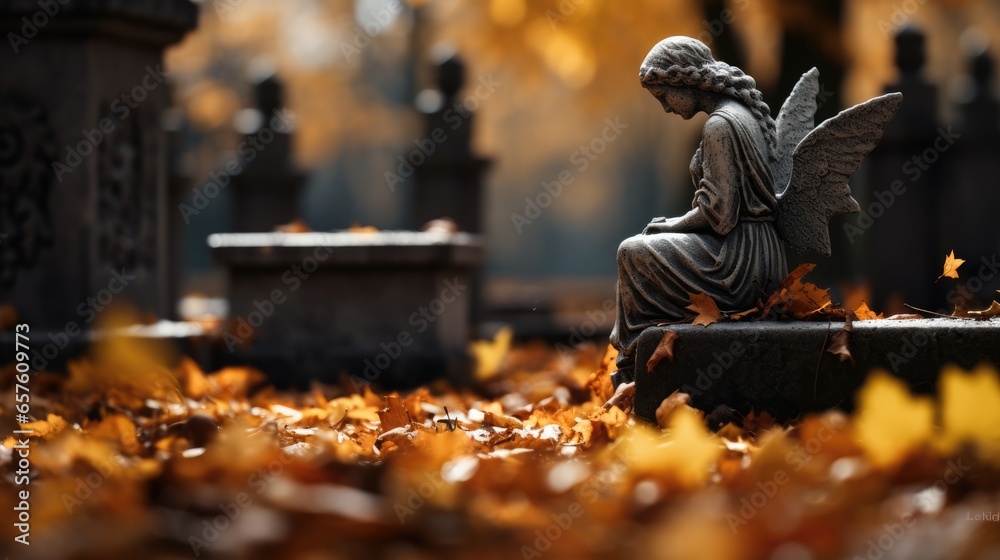 Sculpture of an angel with wings at a funeral in a cemetery near a ...