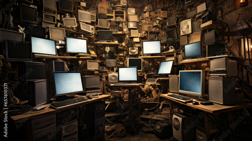 Retro computer monitors various data located on desk in dark room of ...