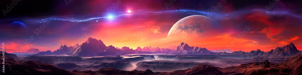 cosmic vista from the surface of a distant exoplanet, with an alien ...