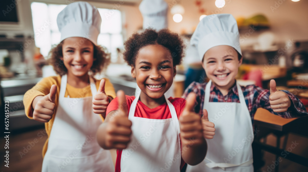 Group of diverse kids in kitchen. Positive happy baking and cooking ...