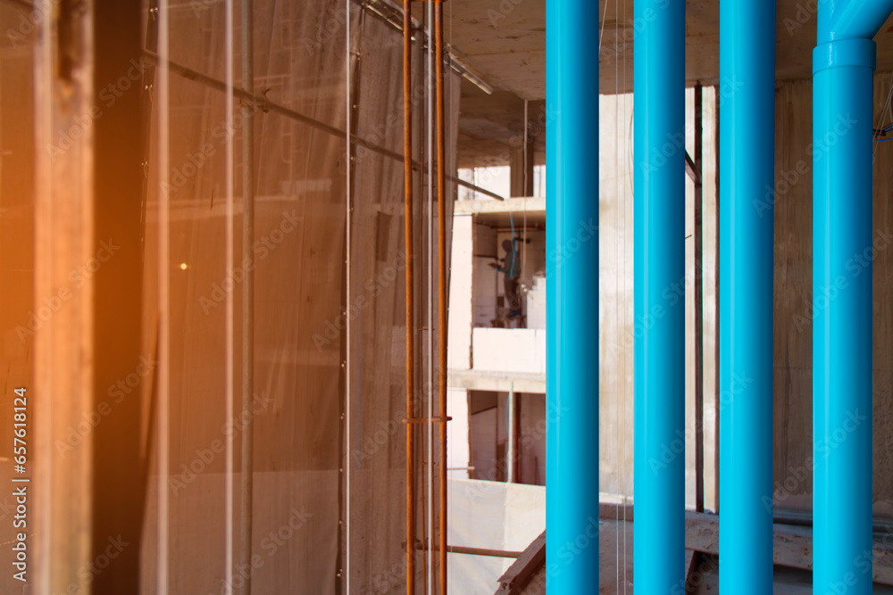 Sewerage system, large blue pipe PVC inside the construction site of ...