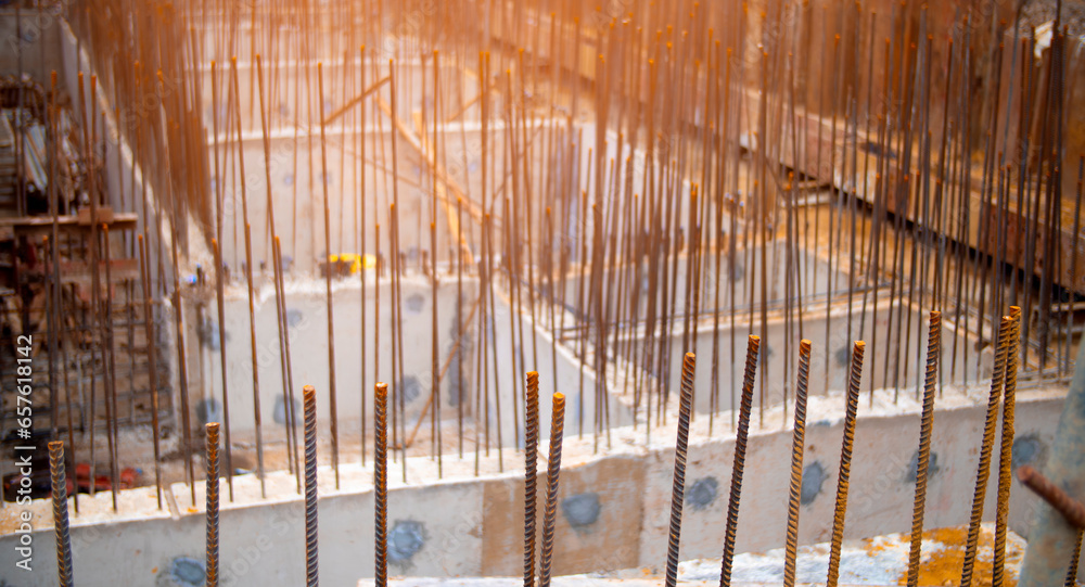 pouring concrete floor reinforced with rebar for the foundation of ...