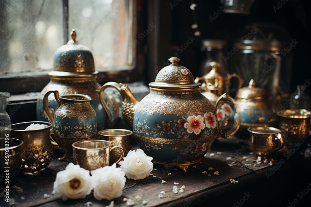 Traditional Russian tea ceremony with a samovar and porcelain teacups ...