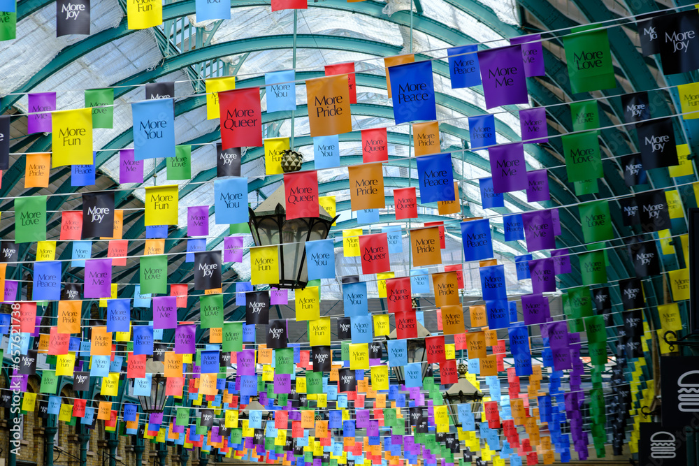 Flags with LTGB positive messages about pride, fun, love in Covent ...