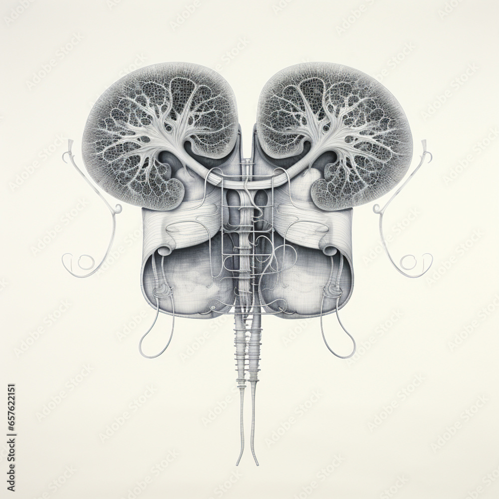 A line art drawing of a kidney, showing its distinct renal pelvis and ...