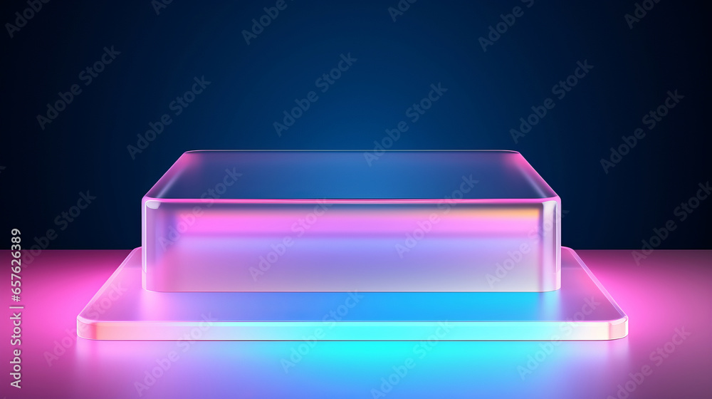 3D glass product podium mockup. Iridescent platform display or crystal ...