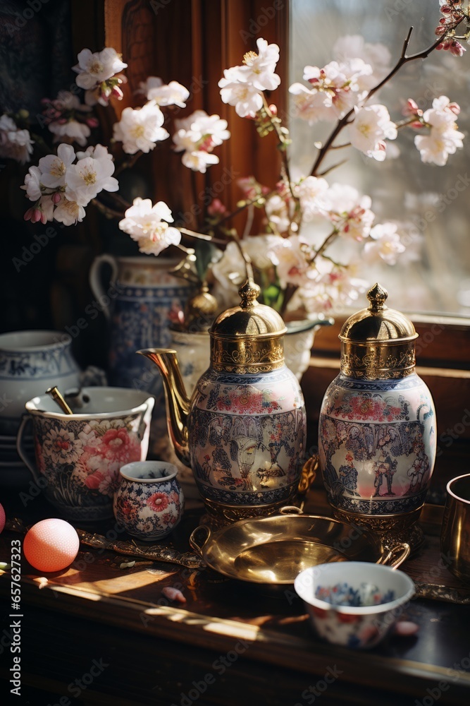 Traditional Russian tea ceremony with a samovar and porcelain teacups ...