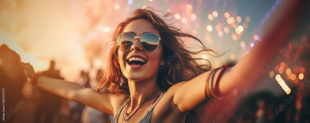 Beautiful party girl enjoying on music open air festival with dancing ...