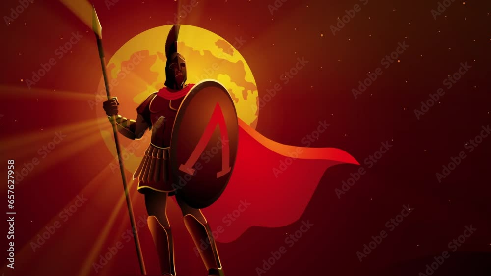 Motion graphics of Spartan warrior with his shield and spear standing ...