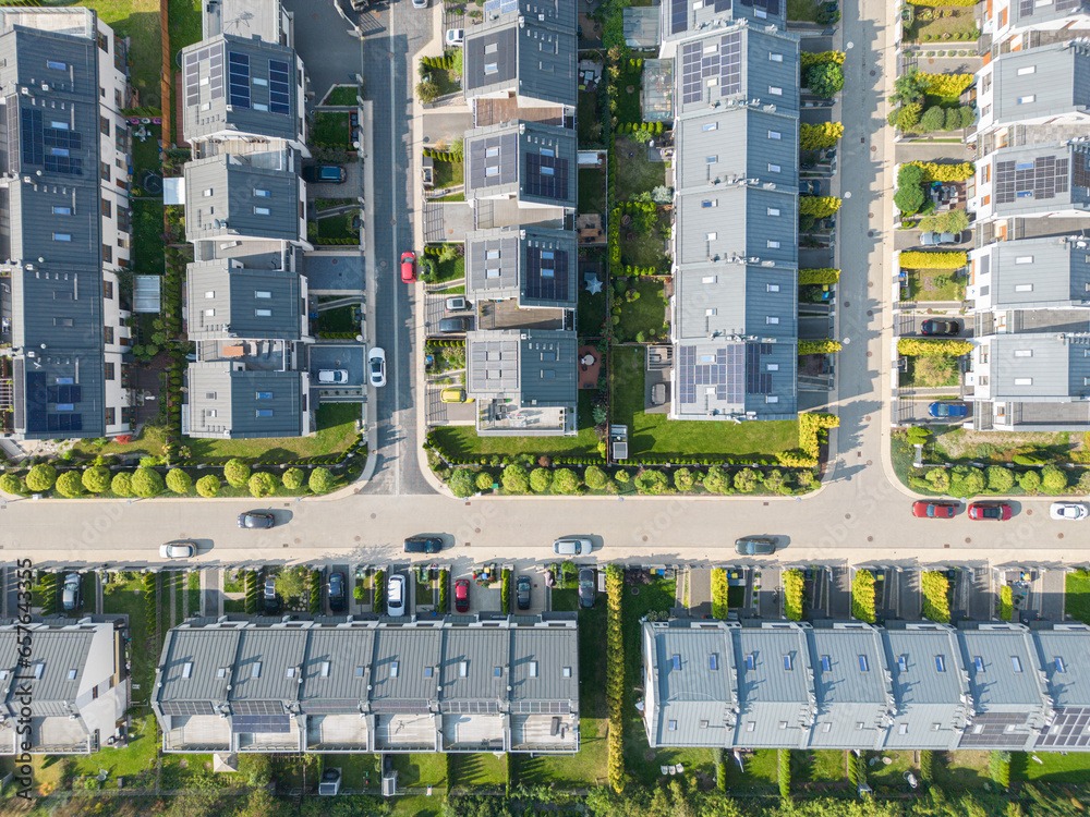 Aerial view of residential houses neighborhood and apartment building ...