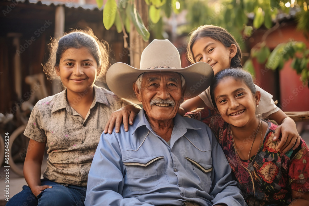 Mexican or Hispanic family together. Family photo of grandfather with ...