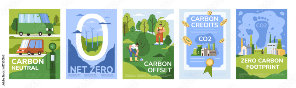 Set of brochure or poster of net zero emissions, carbon neutral or renewable energy. Sustainable ...