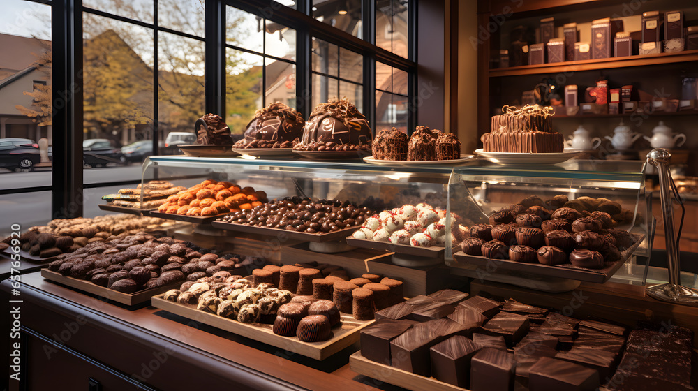 Gourmet chocolate shop with tantalizing truffle and praline displays ...
